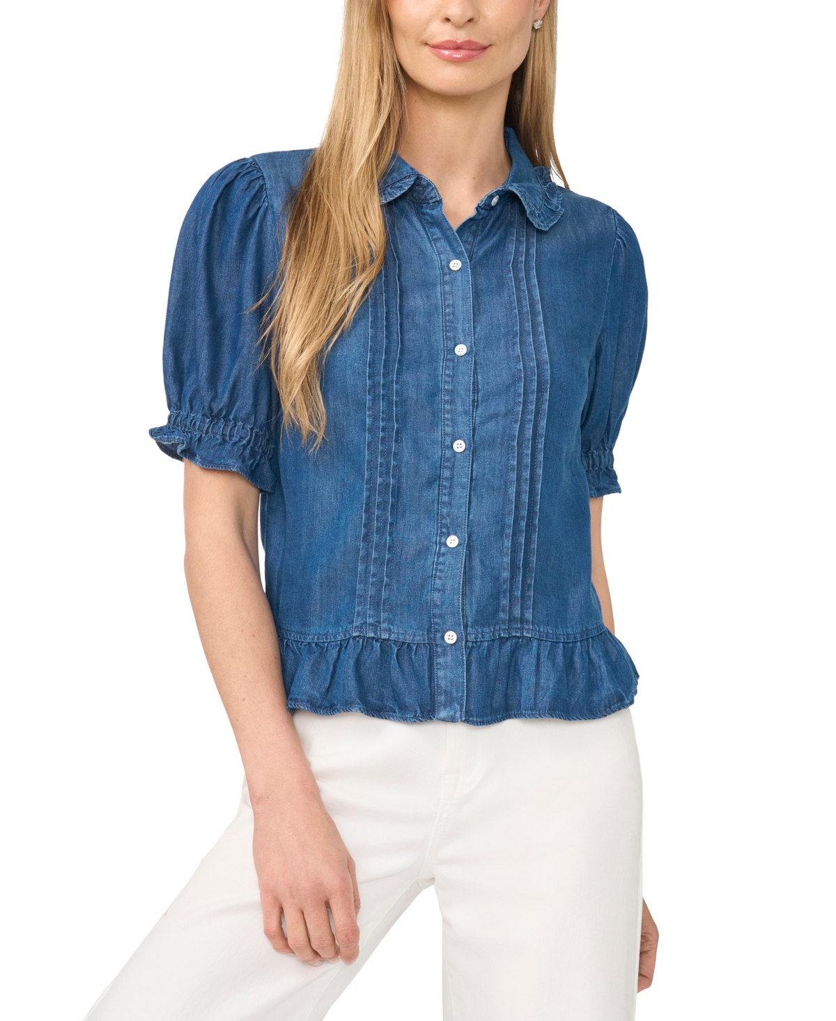 Click here for CeCe Womens Cropped Ruffle-Collar Pintuck Button-F... prices