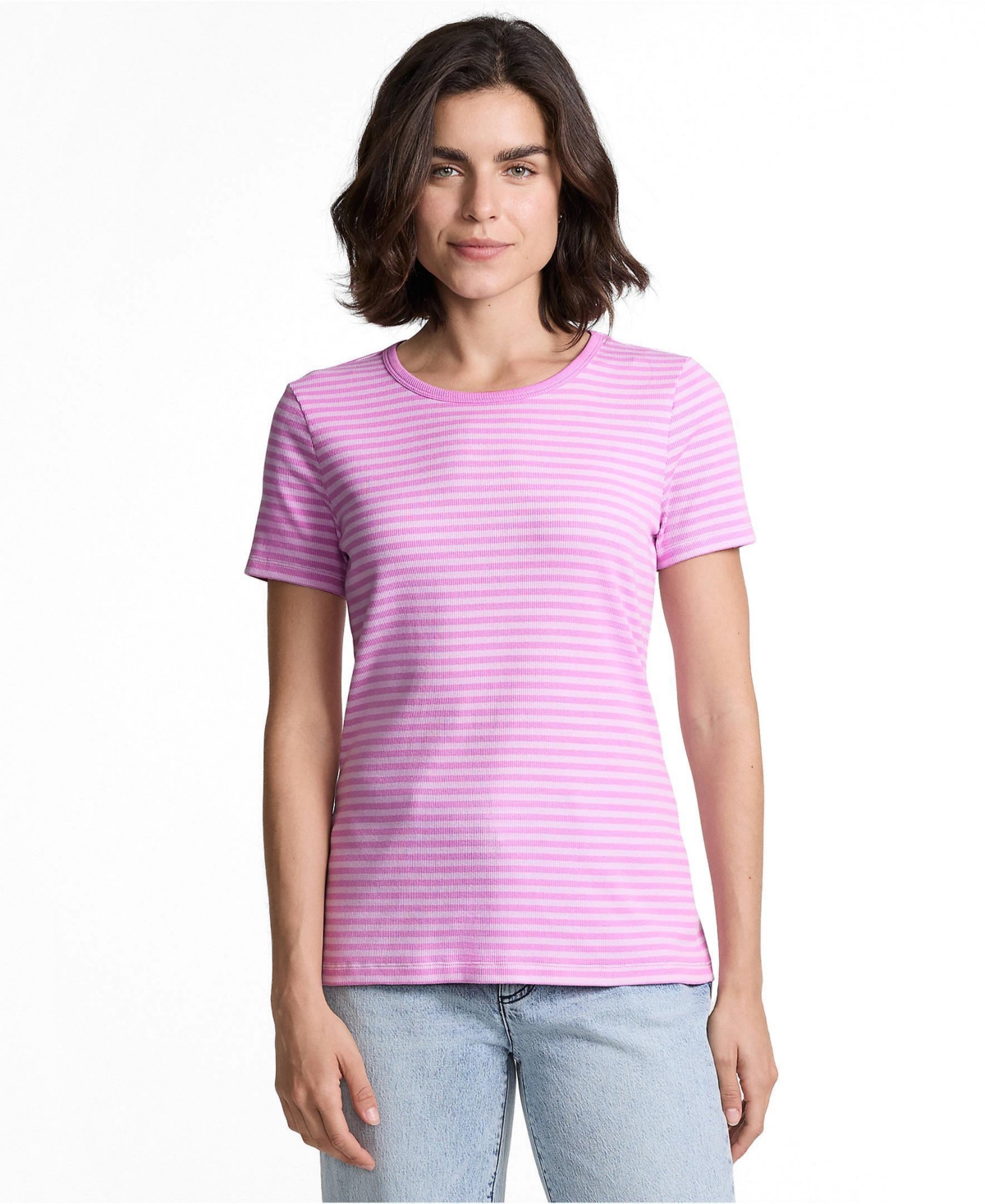 Click here for Lands End Womens Micro Rib T-Shirt - Aster pink/or... prices