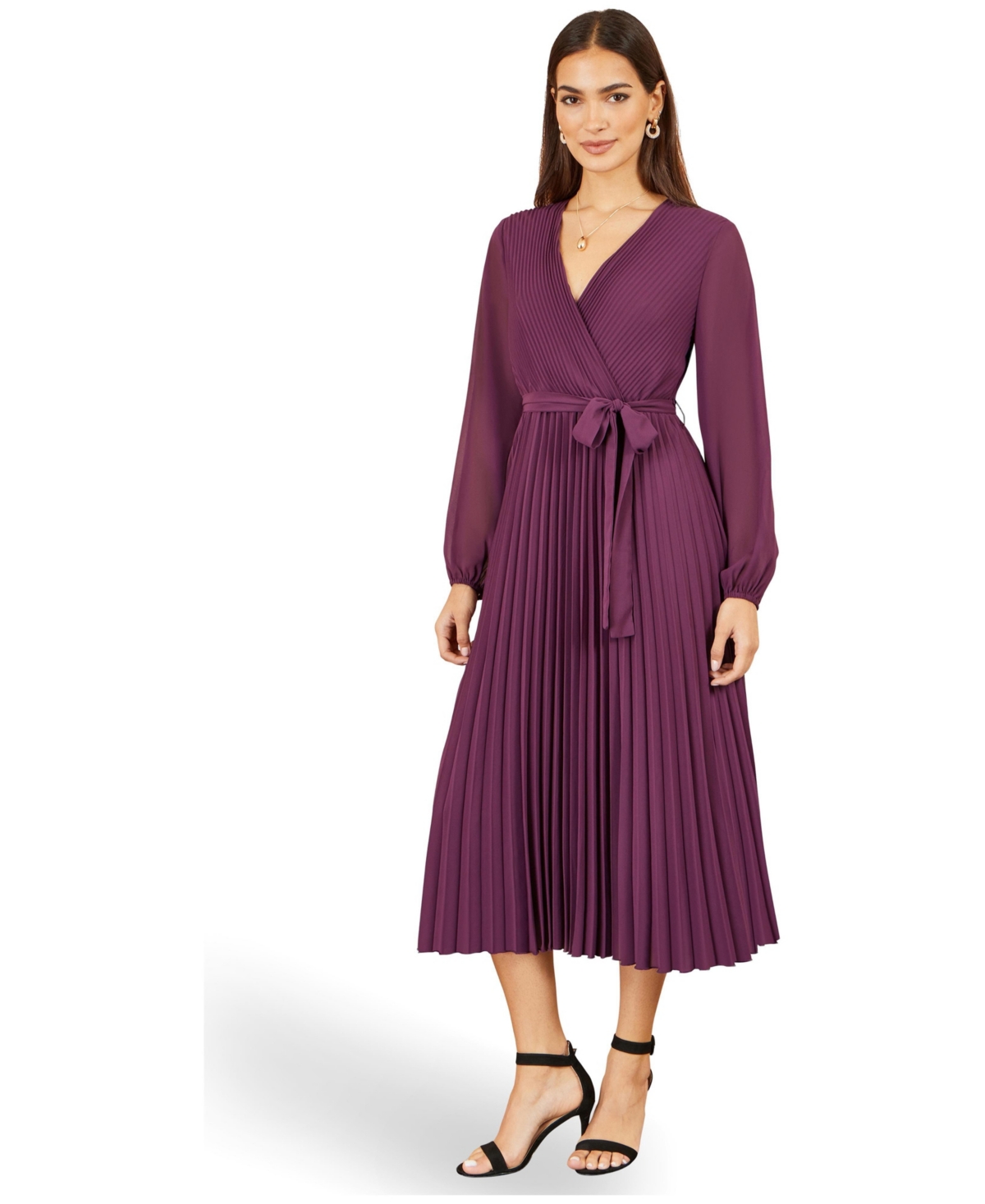 Click here for Yumi Womens Pleated Wrap Midi Dress - Purple prices