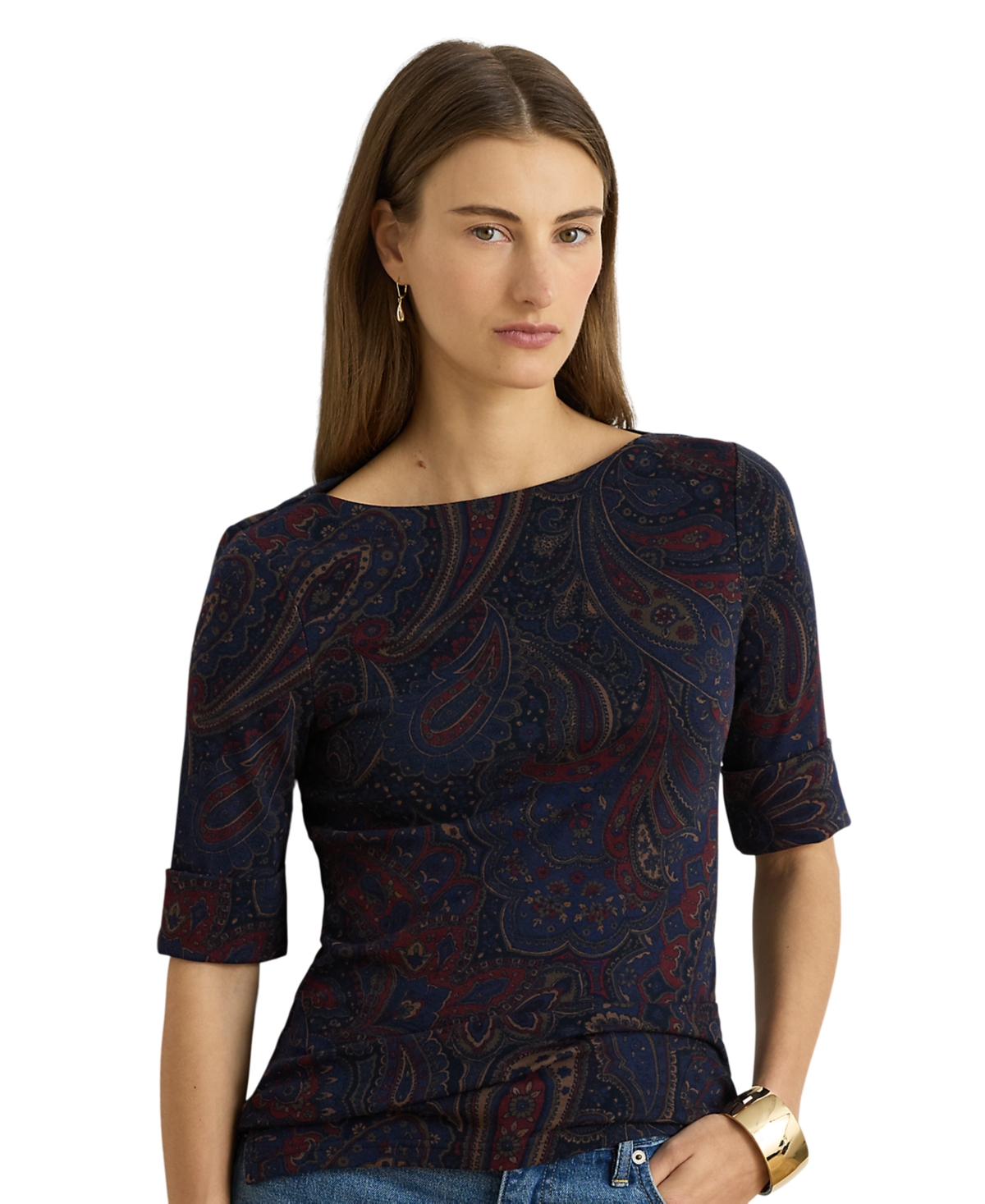 Click here for Lauren Ralph Lauren Petite Stretch Boat Neck T-Shi... prices