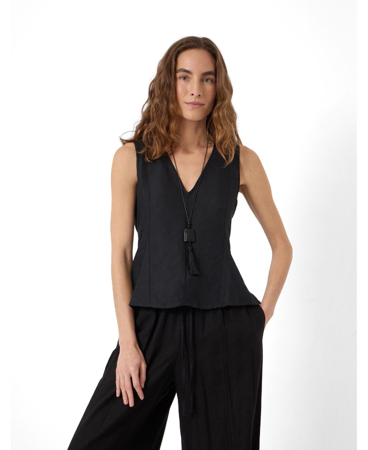 Click here for Hush Womens Jose V-Neck Godet Linen Top - Black prices