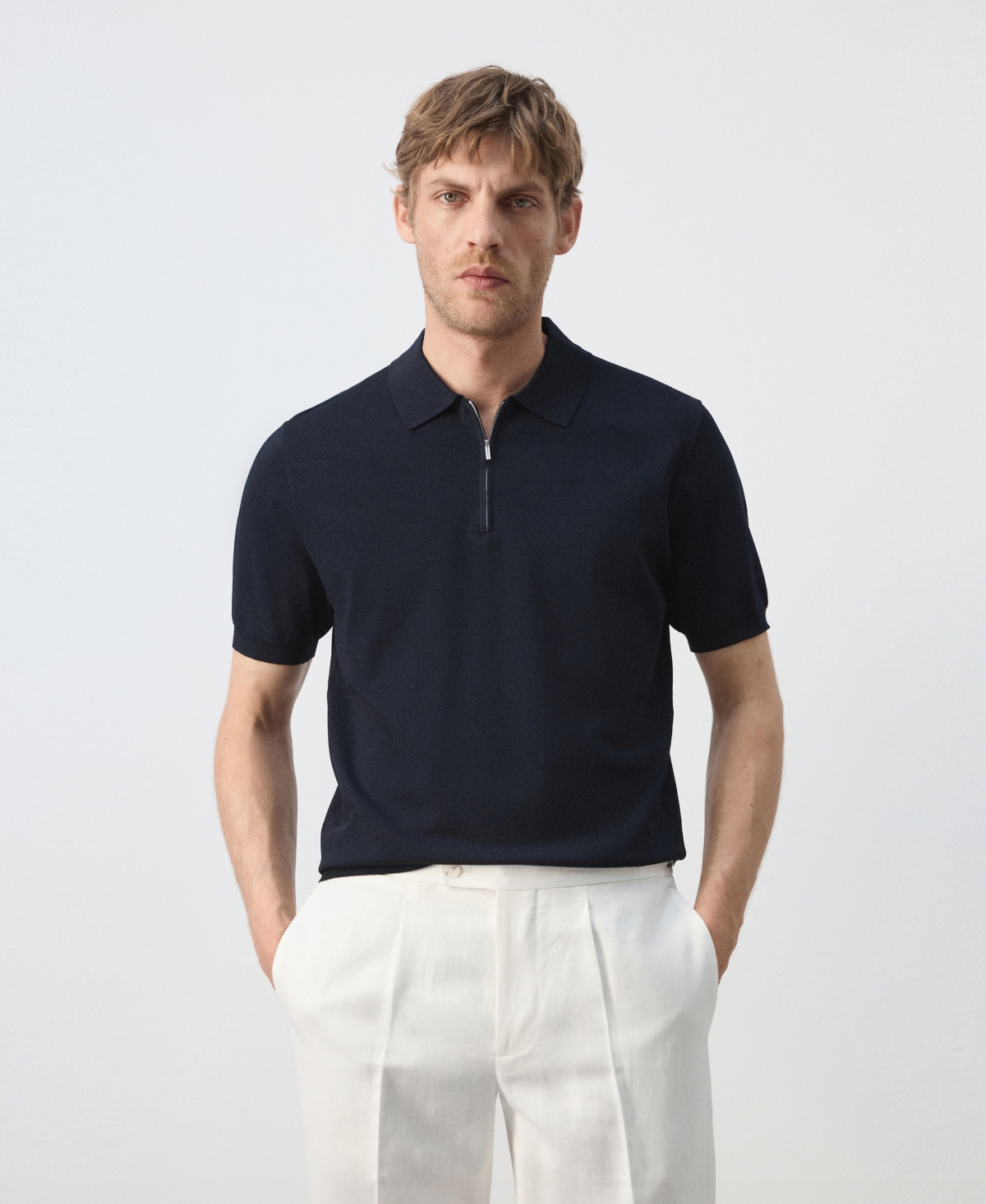 Click here for Mango Mens Knitted Zip Polo Shirt - Navy prices
