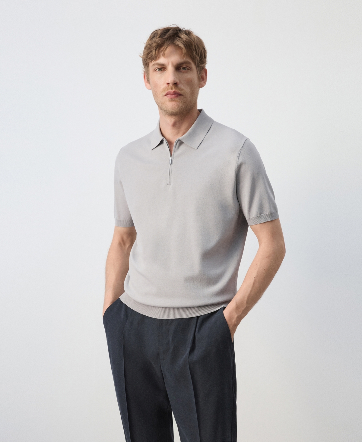 Click here for Mango Mens Knitted Zip Polo Shirt - Ice Gray prices