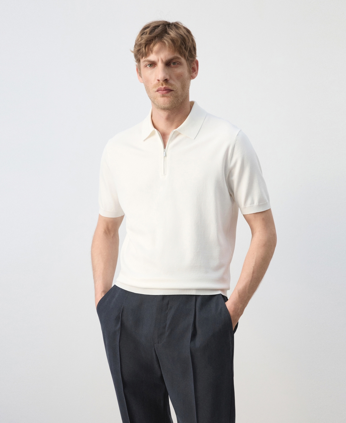 Click here for Mango Mens Knitted Zip Polo Shirt - Off White prices