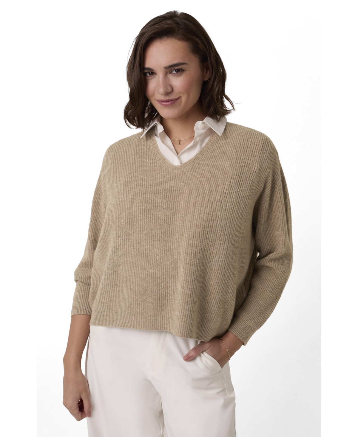 Click here for Celtic & Co. Womens Ribbed V-Neck Jumper - Taupe prices