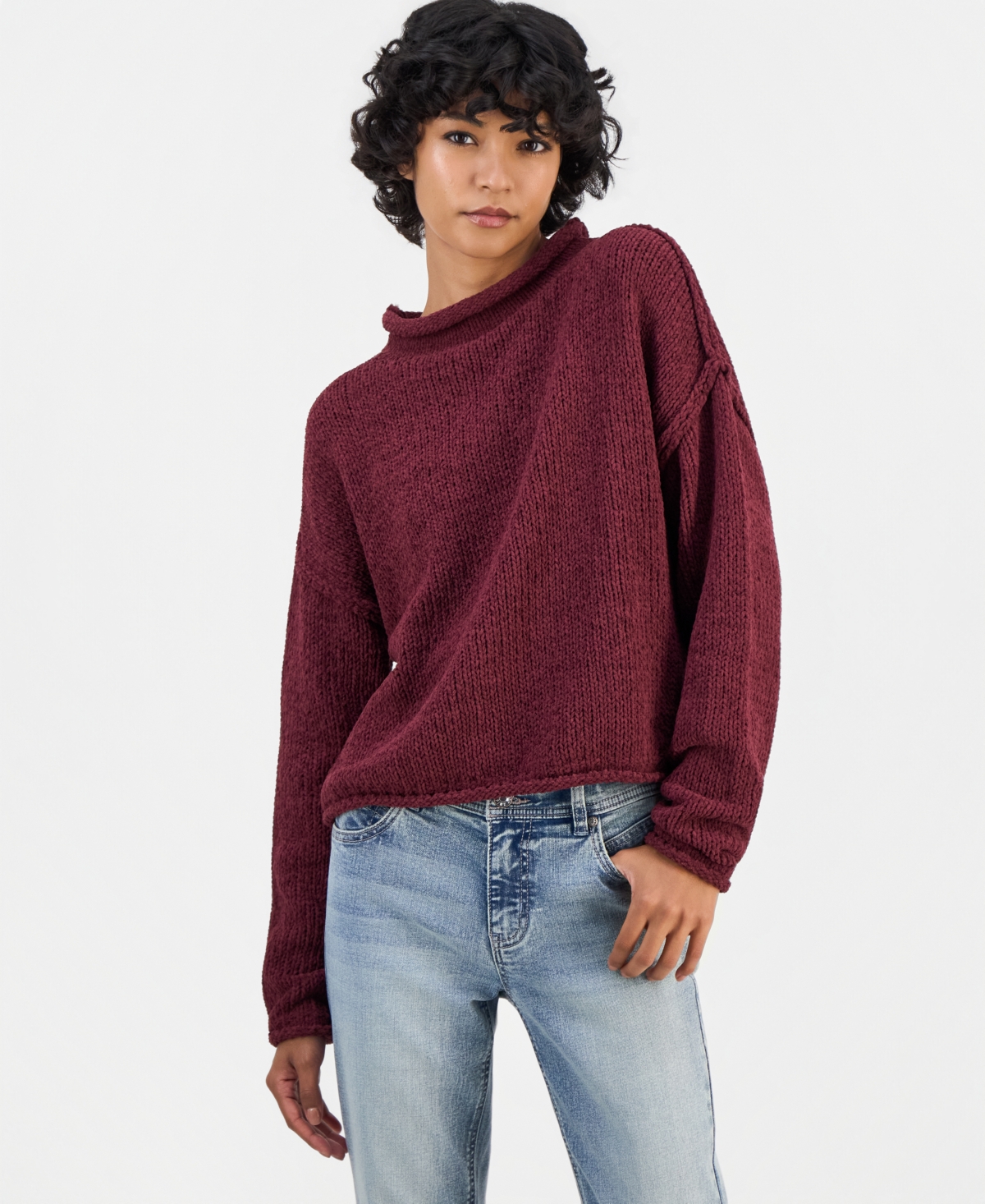 Click here for Pink Rose Juniors Roll Mock Neck Chenille Long-Sle... prices