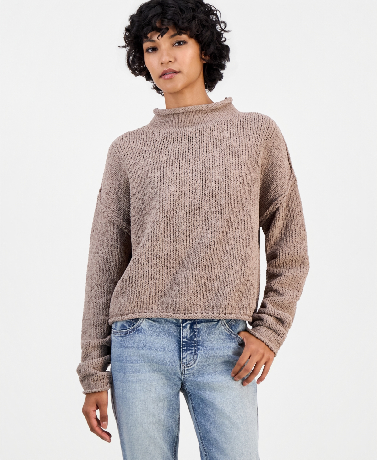 Click here for Pink Rose Juniors Roll Mock Neck Chenille Long-Sle... prices