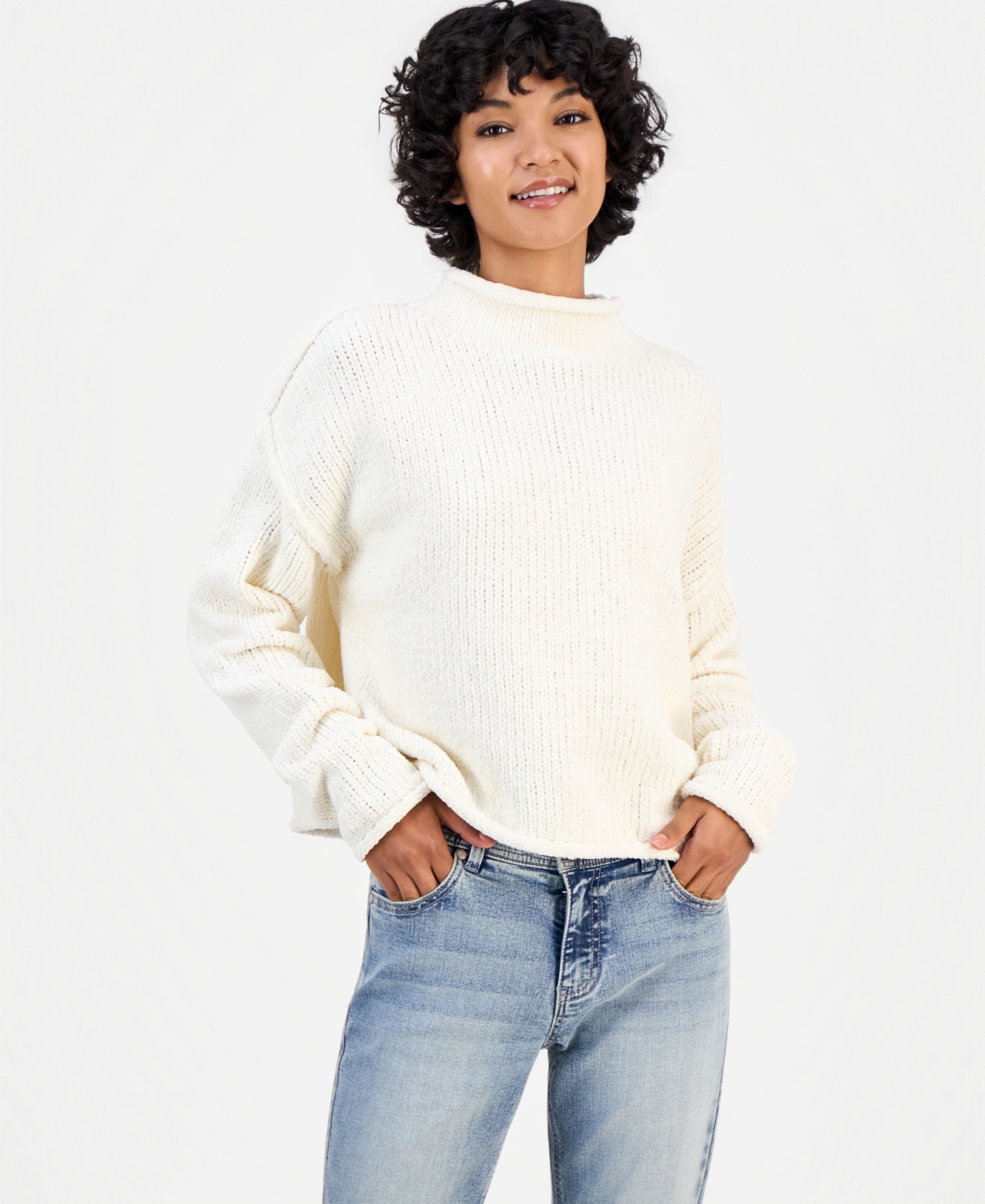 Click here for Pink Rose Juniors Roll Mock Neck Chenille Long-Sle... prices