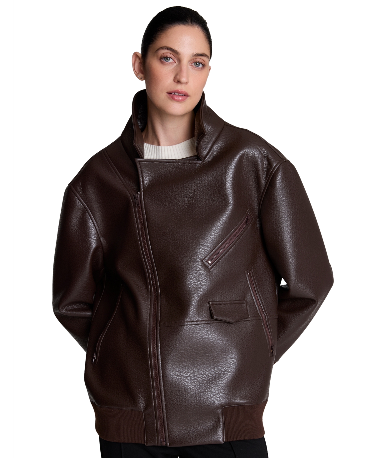 Click here for Kenneth Cole Womens Faux Leather Bomber Jacket - M... prices