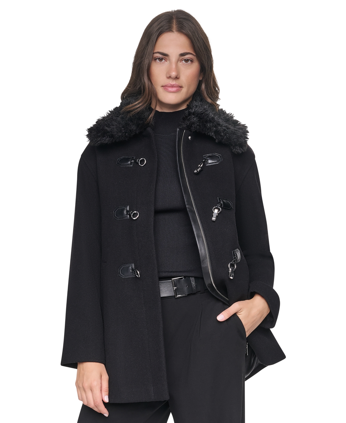 Click here for Dkny Womens Faux-Fur Collared Wool-Blend Mid-Lengt... prices