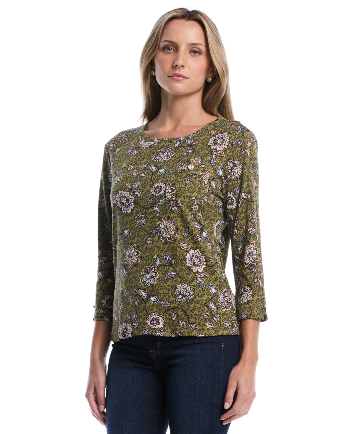 Click here for Rafaella Womens Petite Floral 3/4-Sleeve Rib-Knit... prices