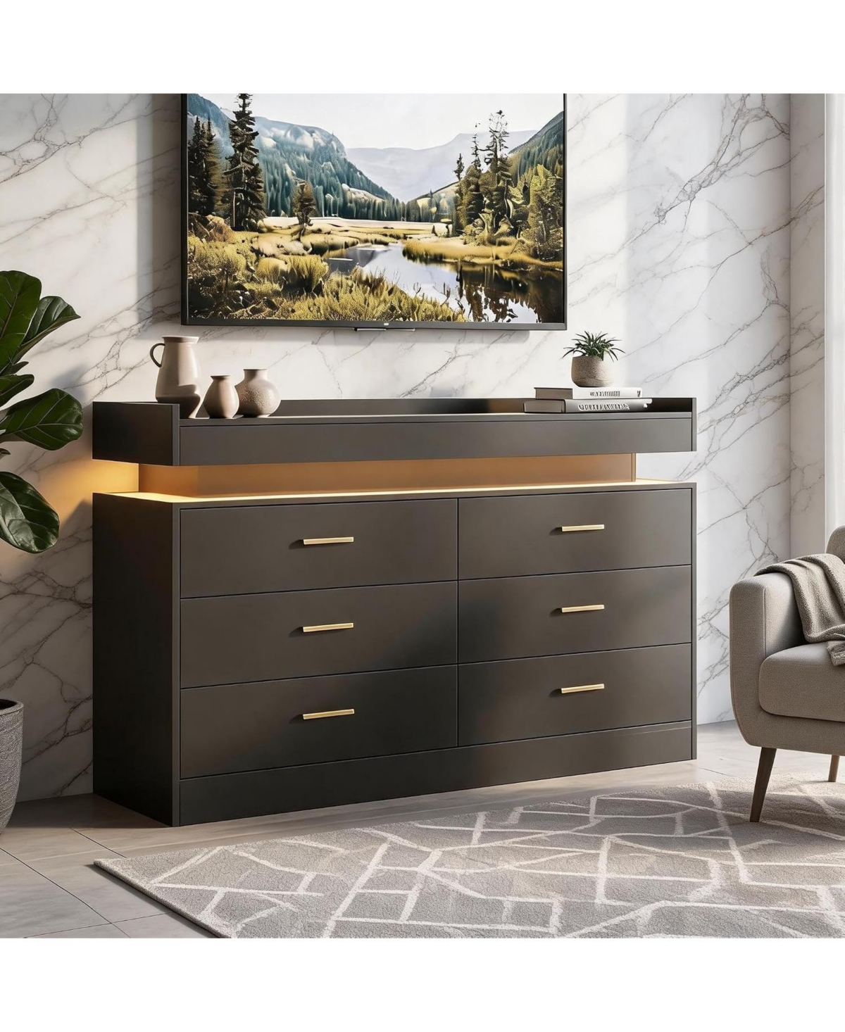 Click here for 6 Drawer Dresser with Led Light and Raised Top She... prices