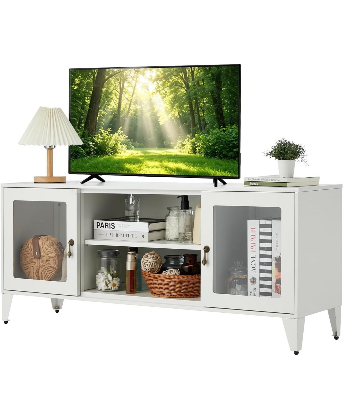 Click here for 47.3 Modern White Metal Media Console with Glass D... prices