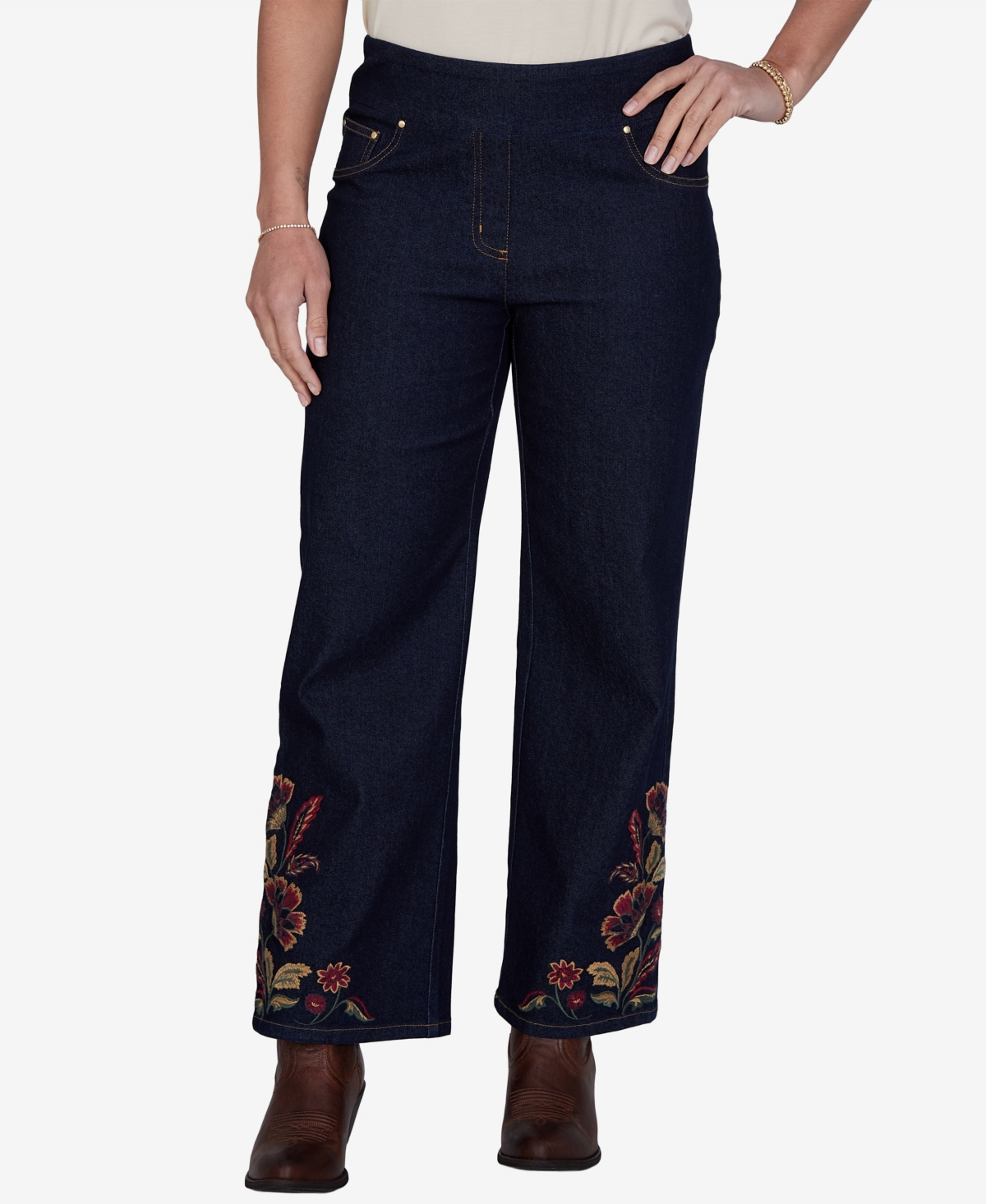 Click here for Ruby Rd. Petite Pull-On Wide-Leg Embroidered Denim... prices