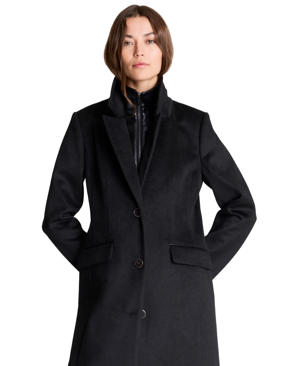 Click here for Kenneth Cole Womens Mixed Media Bibbed Coat - BLAC... prices