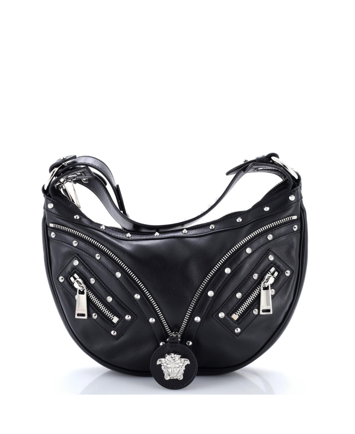 Click here for Pre-Owned Versace Small Repeat Hobo Studded Leathe... prices