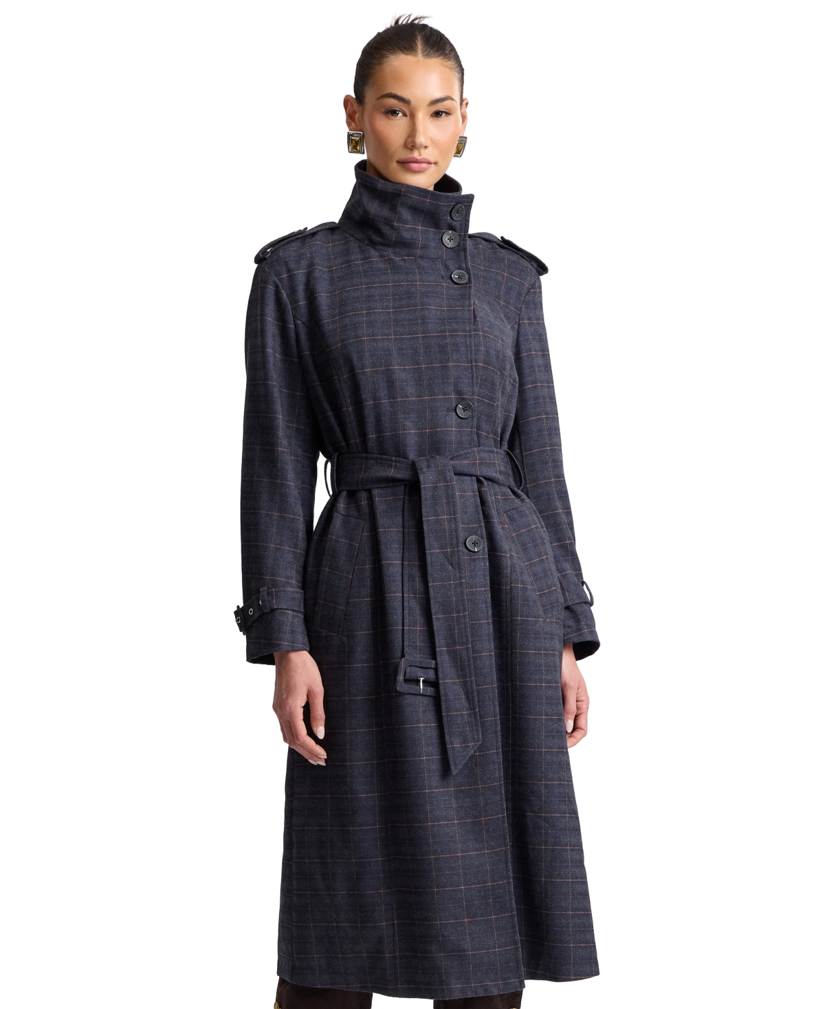 Click here for Avec Les Filles Womens Plaid Funnel Neck Belted Tr... prices