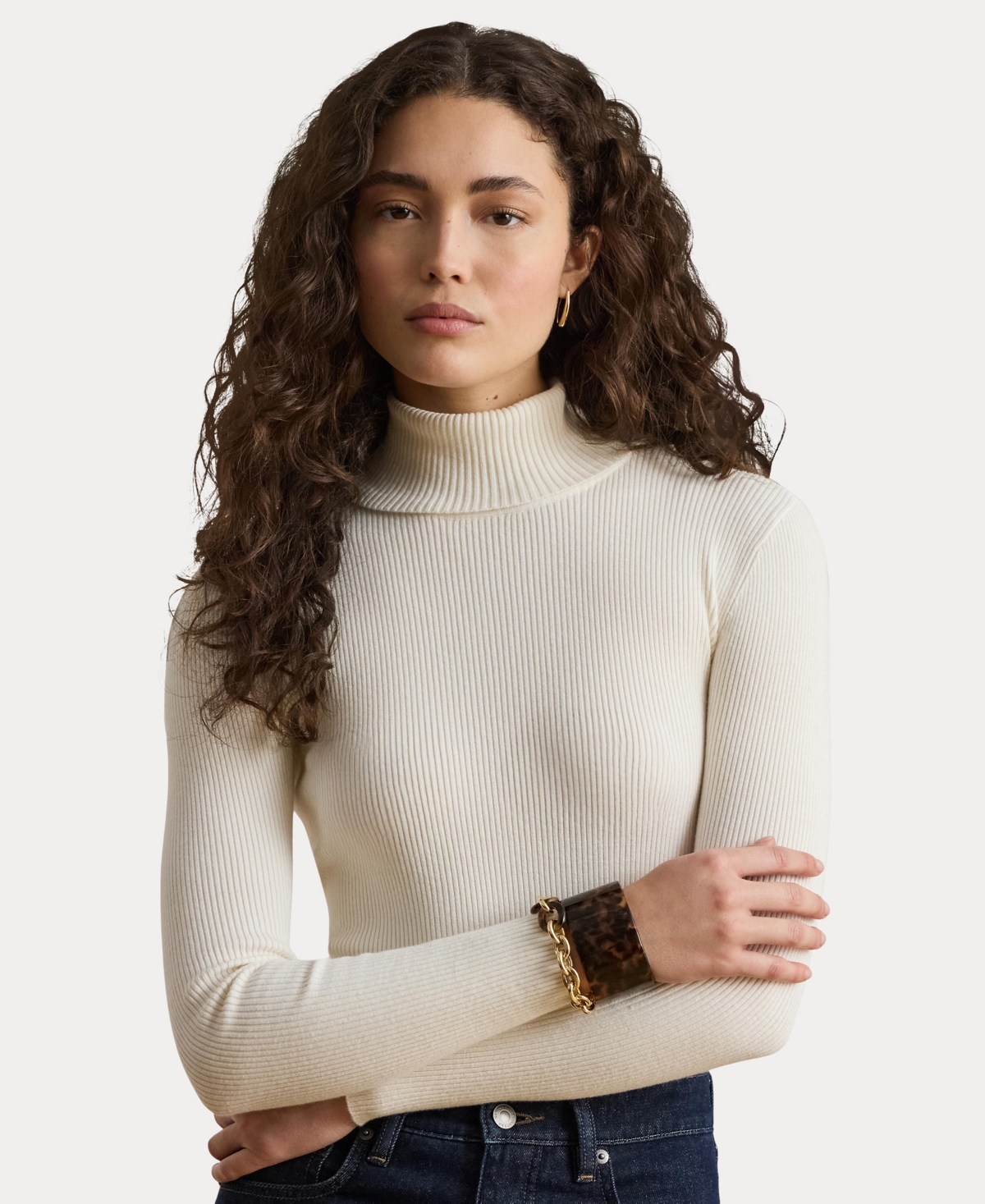 Lauren Ralph Lauren Womens Ribbed Slim-Fit Cotton-Blend Turtleneck - Mascarpone Cream