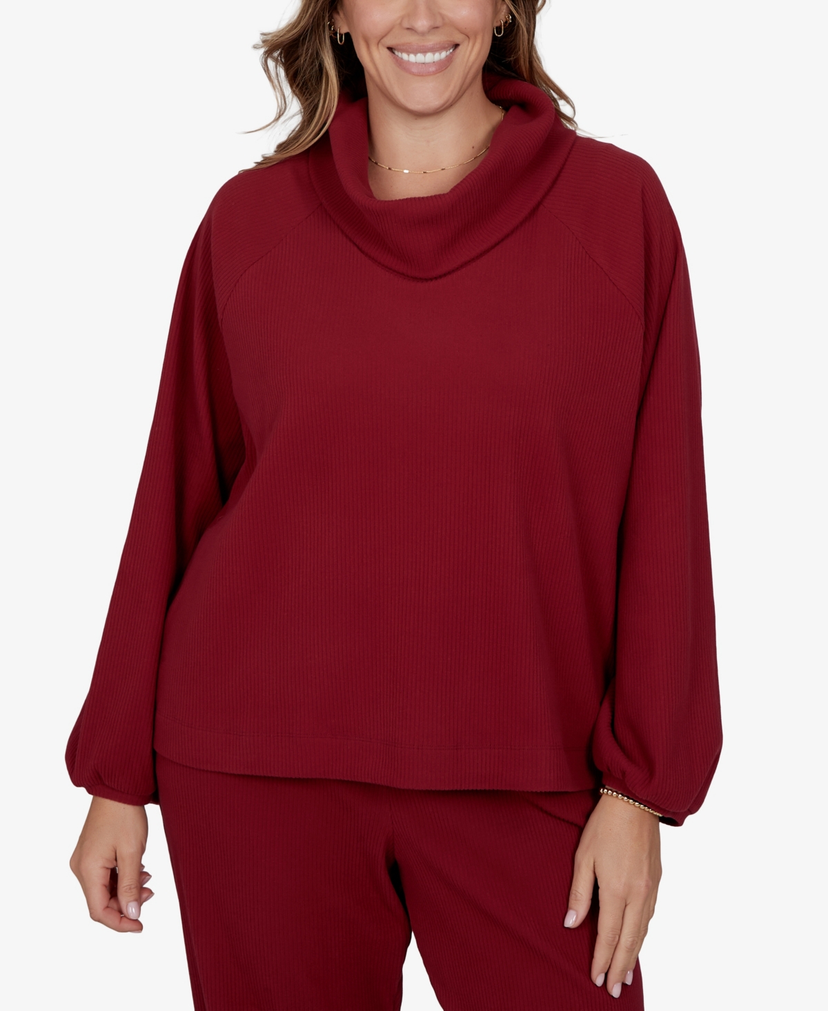 Click here for Ruby Rd. Plus Size Ribbed Cowl Neck Top - Scarlet prices