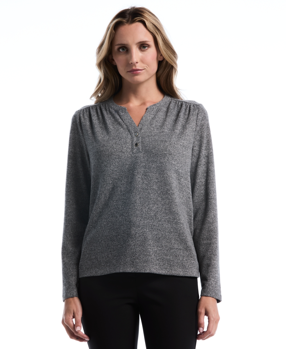 Click here for Rafaella Petite Long-Sleeve Split-Neck T-Shirt - G... prices