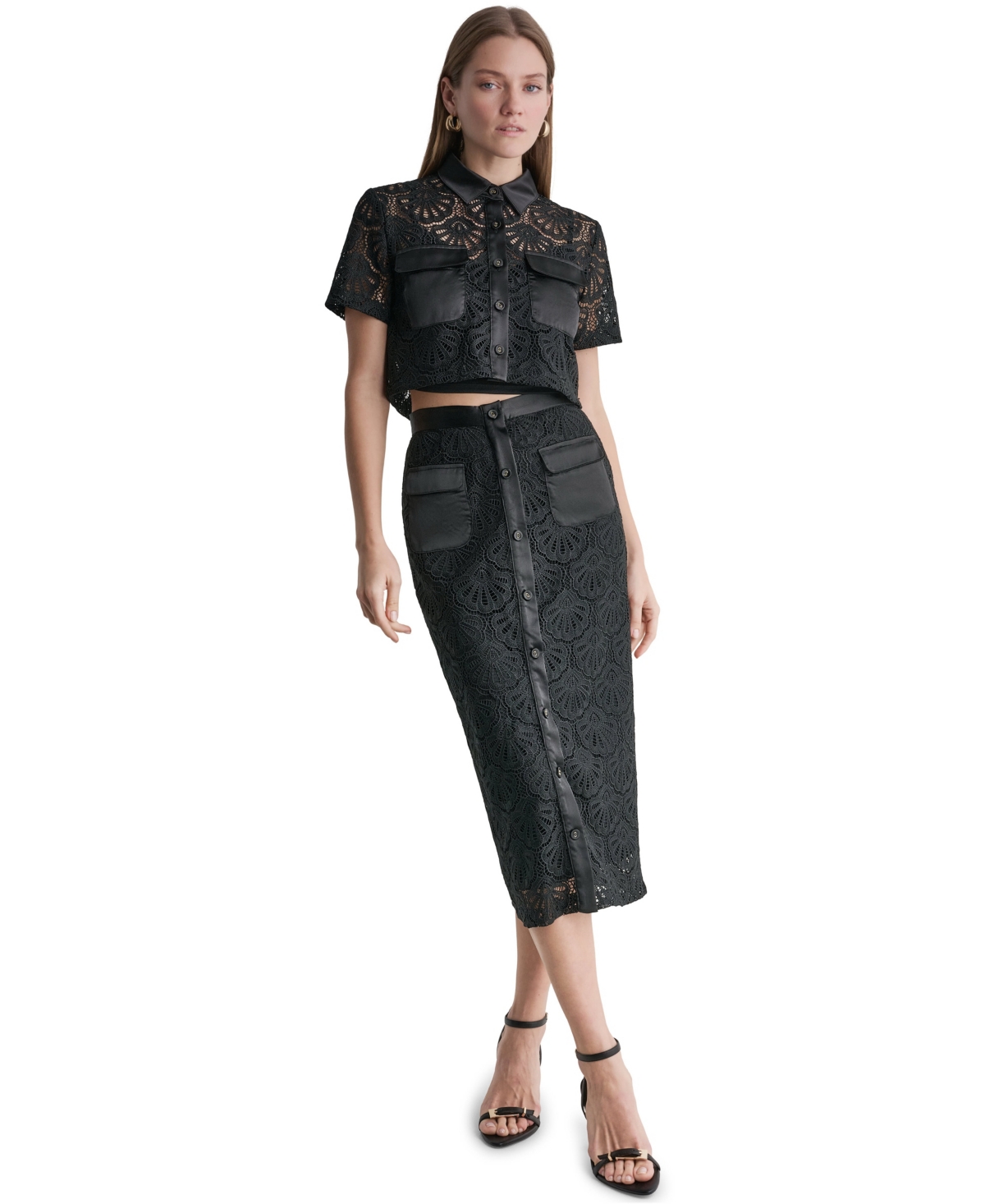 Click here for Bcbg Womens Lace Two-Piece Midi Collared Crop Shir... prices