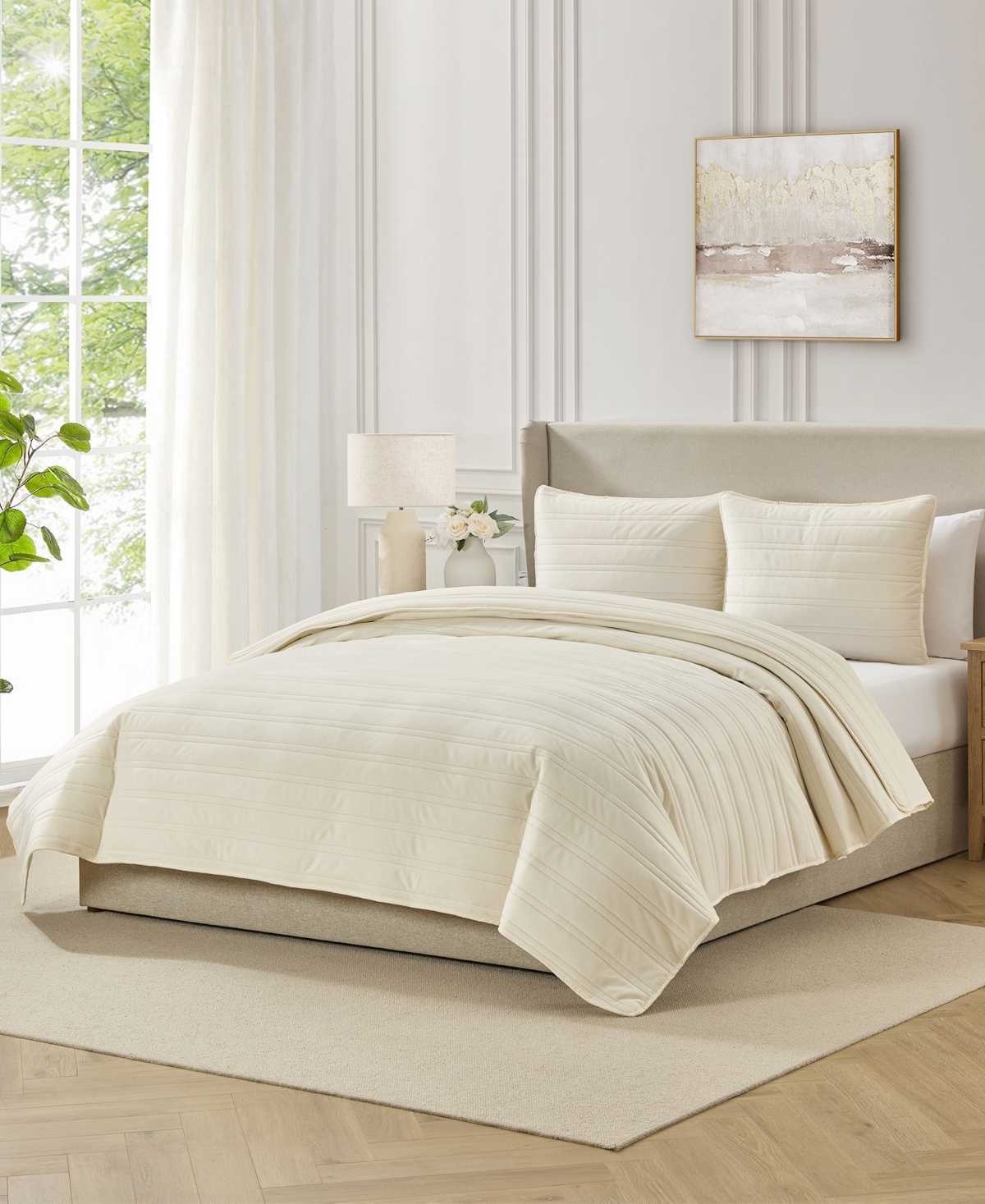 Click here for Evergreen Ivy Pinsonic Stripe Solid Mink 3-Piece Q... prices