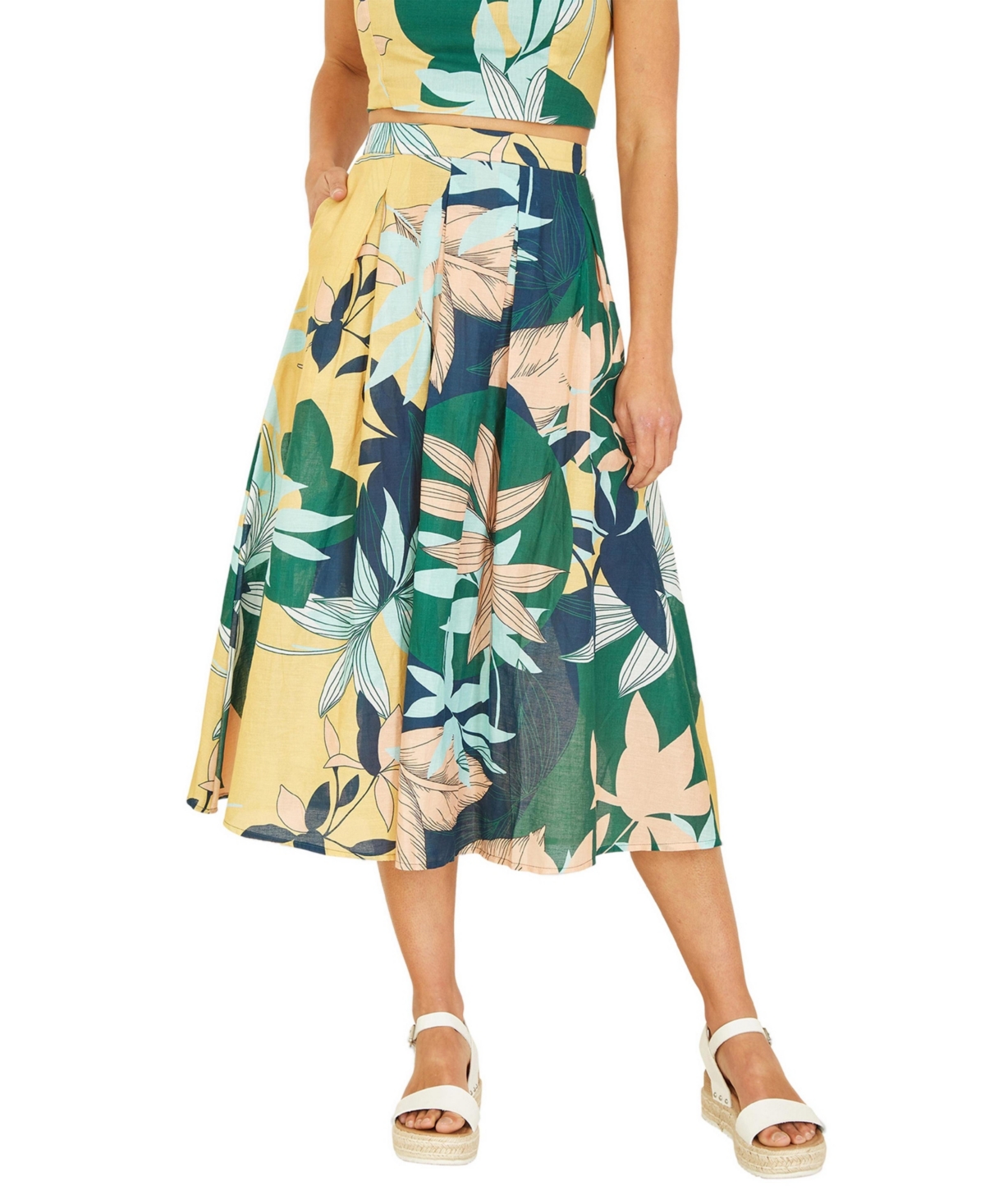 Click here for Yumi Womens Cotton Leaf Print Midi Skirt - Multi prices