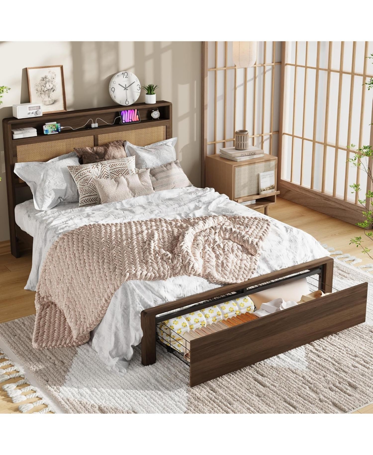 Click here for gaomon Rattan Bed Frame with Storage Drawer and Le... prices