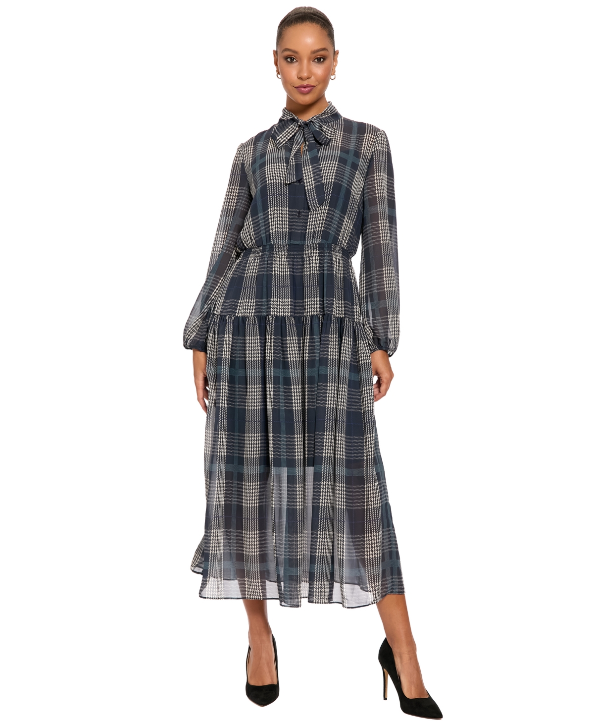 Click here for London Times Womens Plaid-Print Midi Tie-Neck Dres... prices