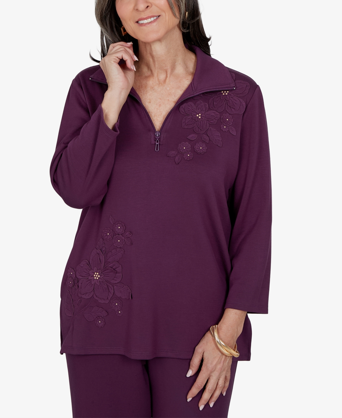 Click here for Alfred Dunner Petite 3/4-Sleeve Floral-Applique Kn... prices
