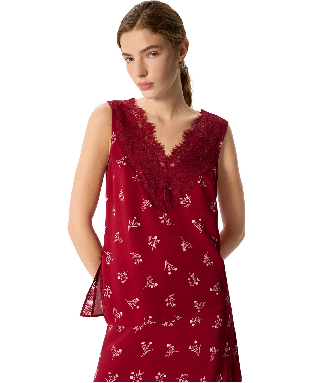 Click here for Whistles Womens Floral Lace Trim Top - Burgundy/mu... prices