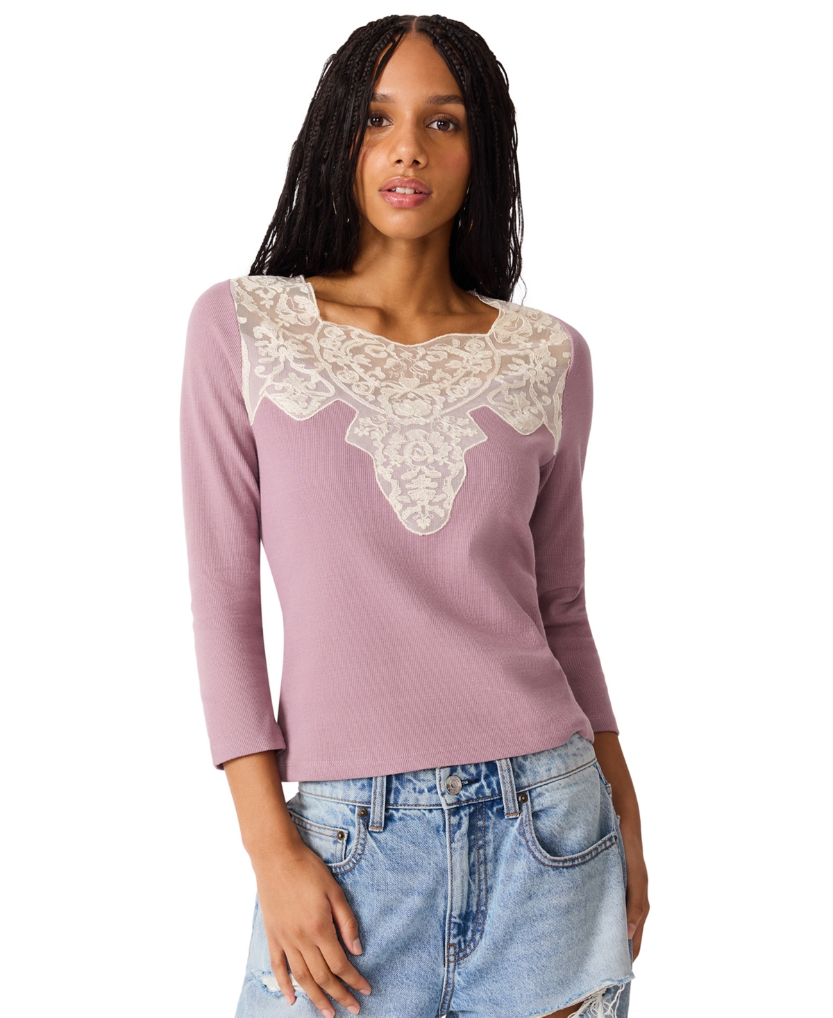 Click here for Steve Madden Womens Rib Knit Lace Trim 3/4 Sleeve... prices
