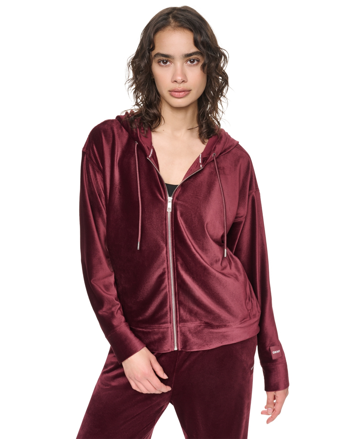 Click here for Dkny Sport Womens Full Zip Velour Hoodie - Claret prices