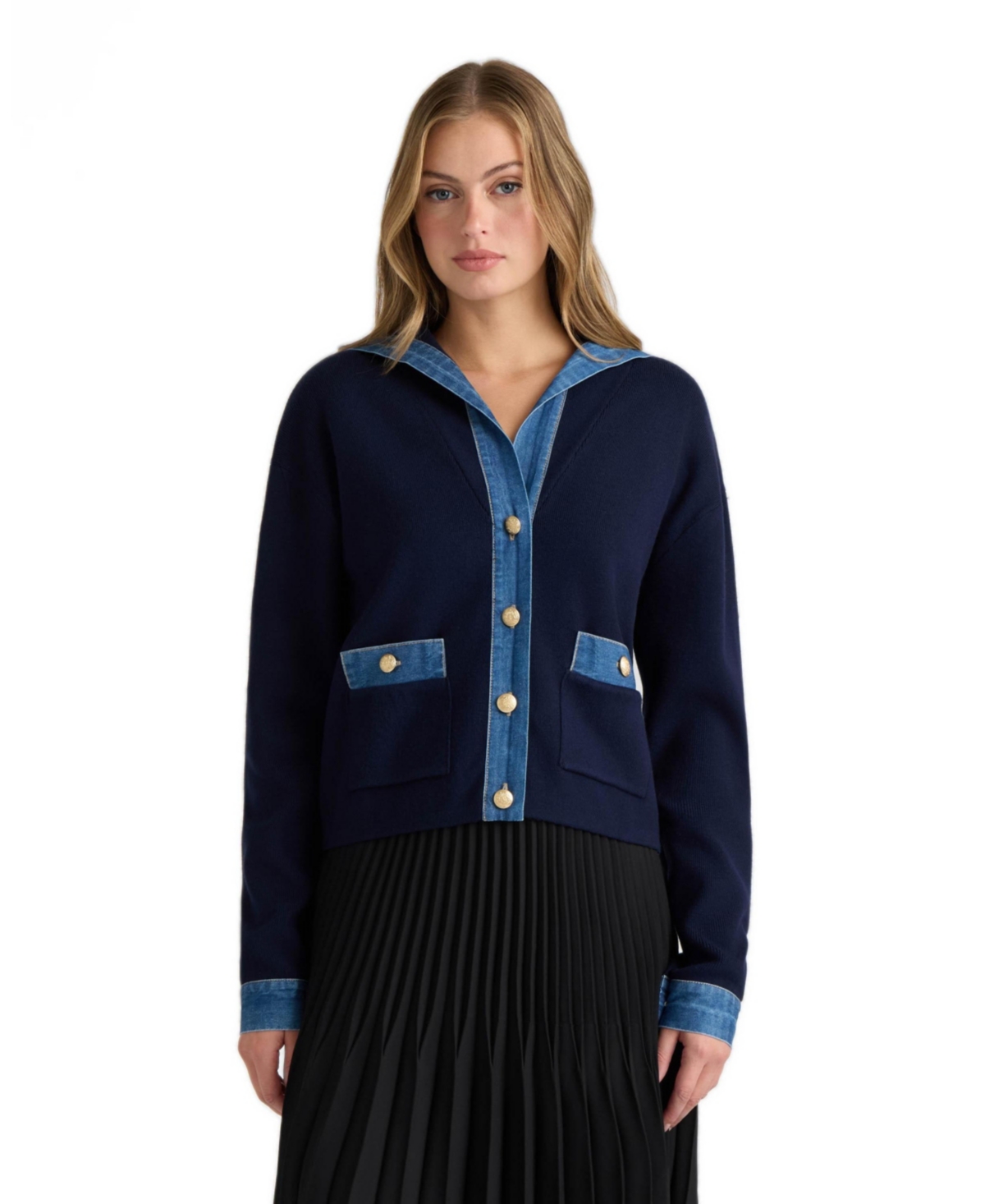 Click here for Nvlt Womens Sailor Collar Cardigan with Denim Deta... prices
