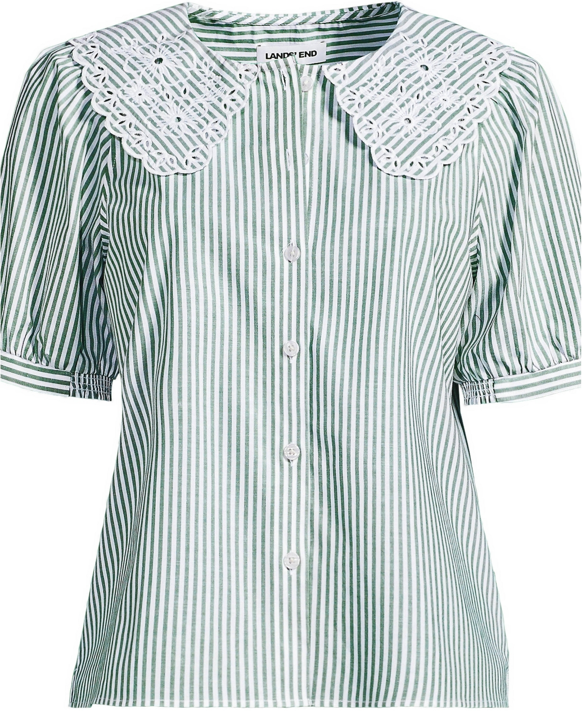 Click here for Lands End Plus Size Ruffle-Collar Puff-Sleeve Blou... prices