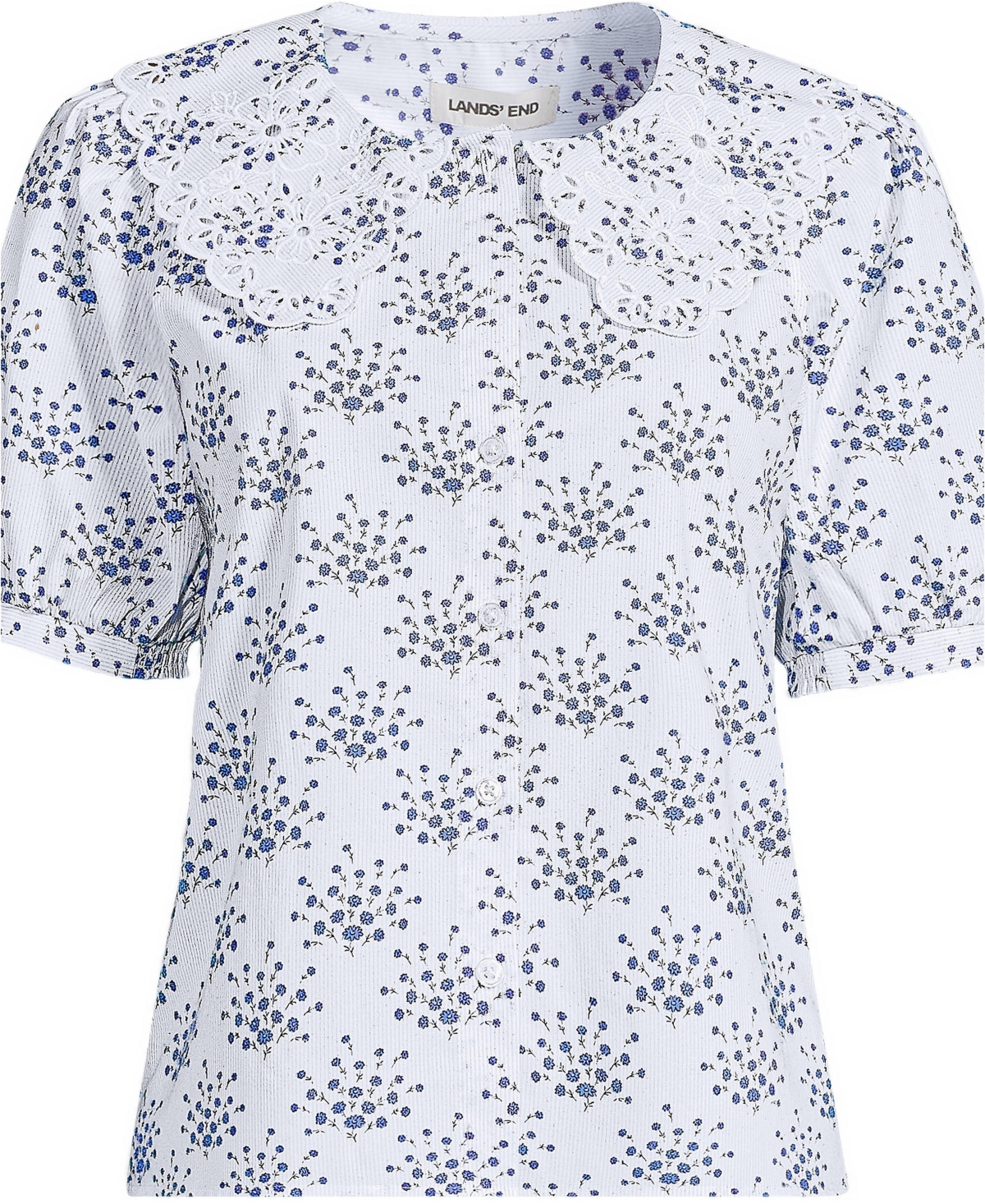 Click here for Lands End Plus Size Ruffle-Collar Puff-Sleeve Blou... prices