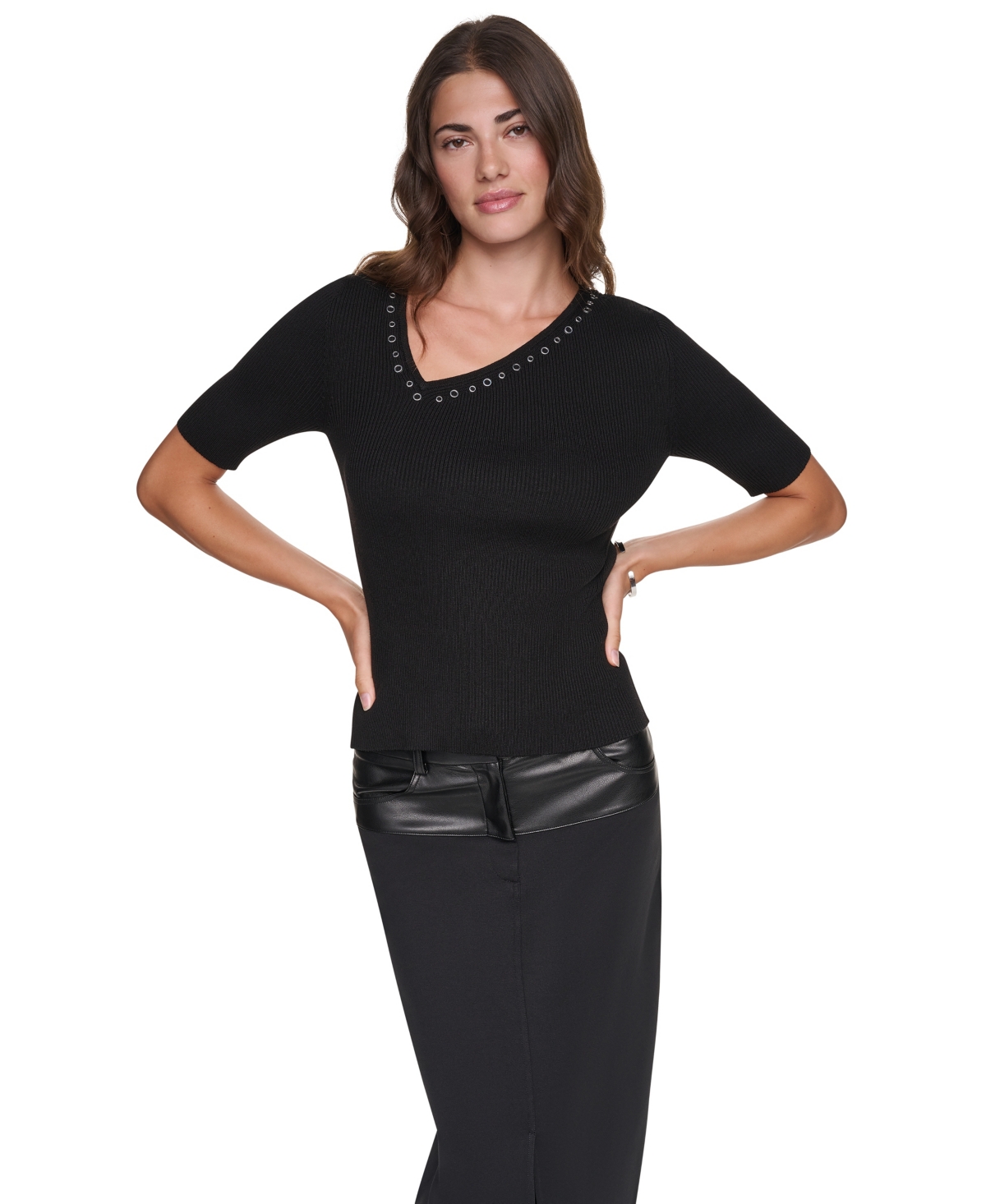 Click here for Dkny Womens Asymmetrical V-Neck Studded Ribbed-Kni... prices