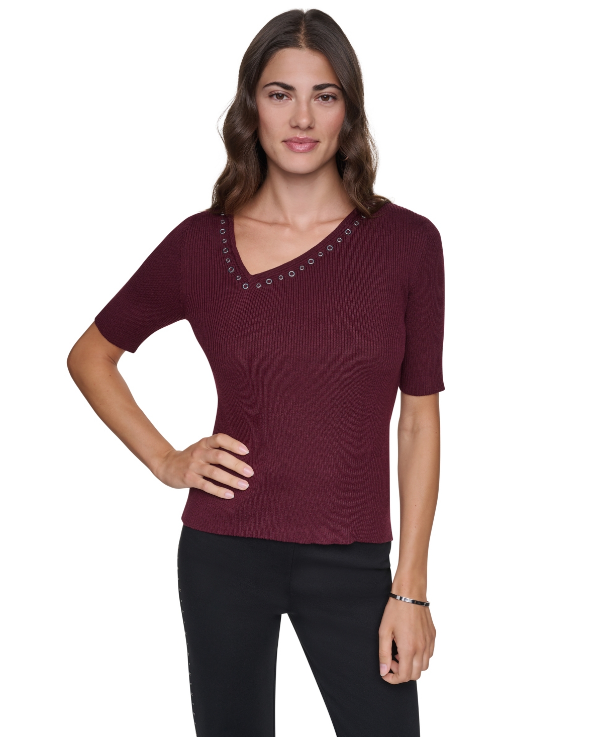 Click here for Dkny Womens Asymmetrical V-Neck Studded Ribbed-Kni... prices