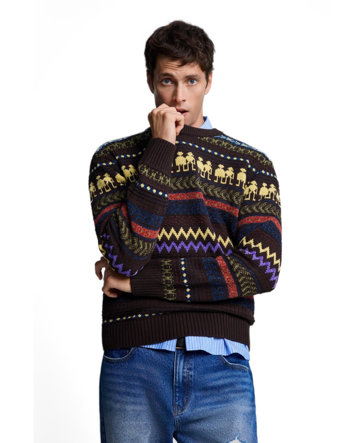 Click here for Desigual Mens Sweater with robots borders - Brown prices