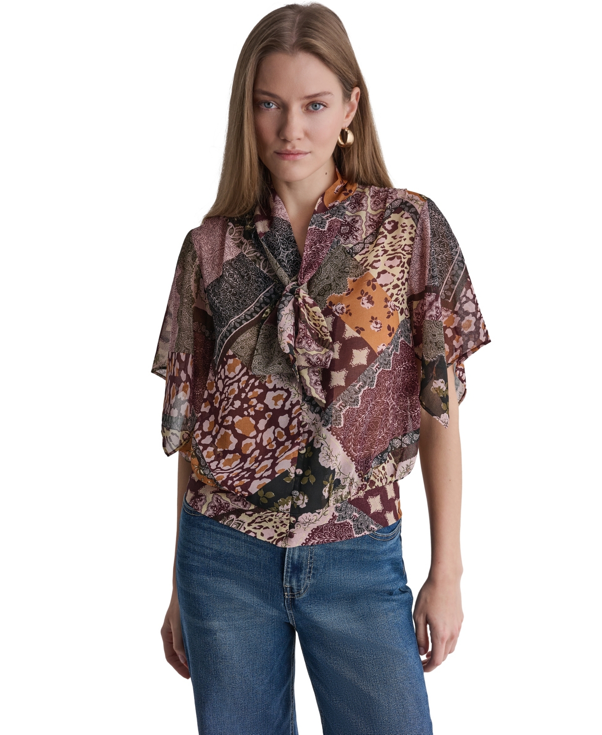 Click here for Bcbg Womens Bow Neck Mixed Print Short-Sleeve Blou... prices