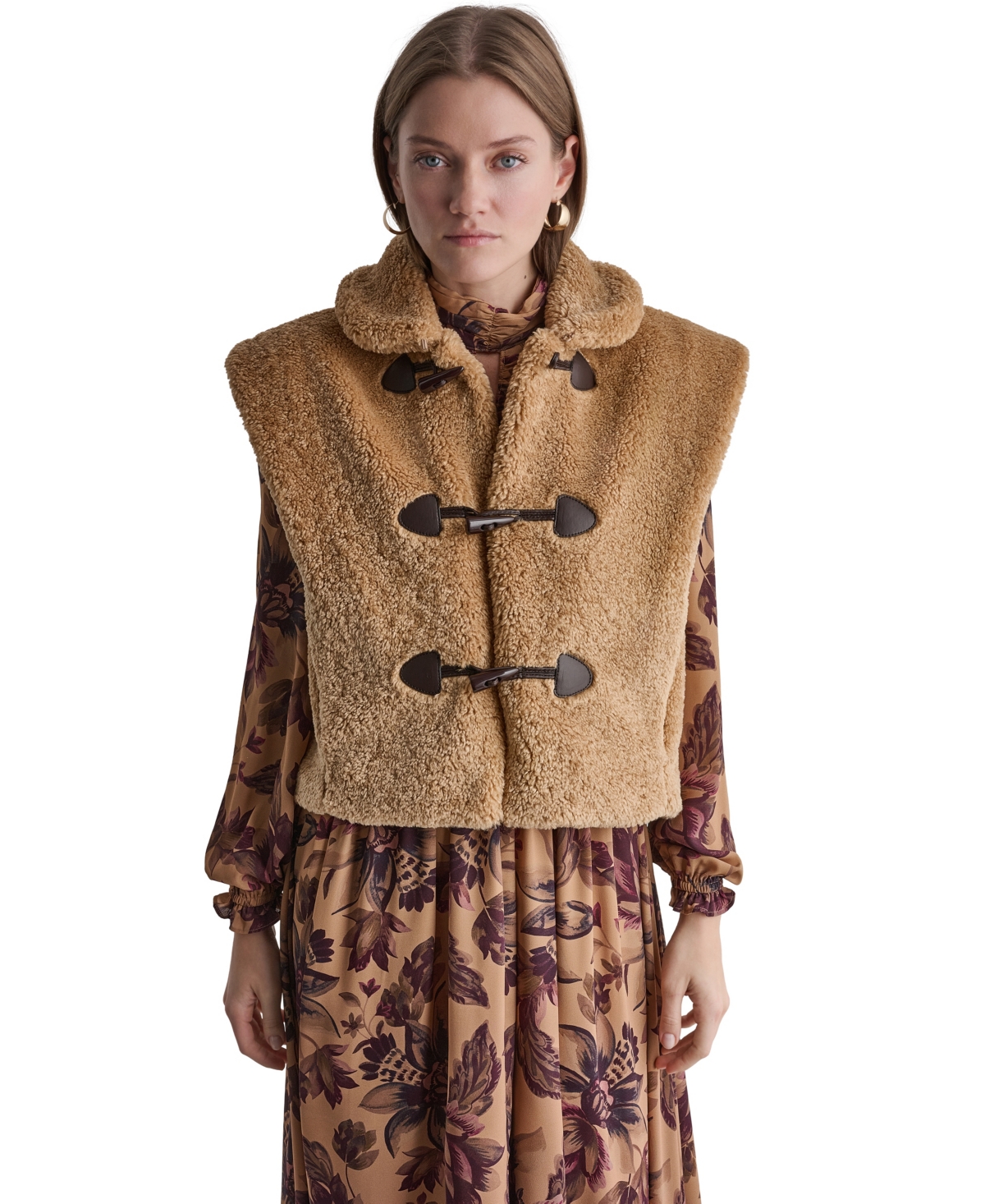 Click here for Bcbg Womens Faux Fur Toggle Vest - Butterscotch prices