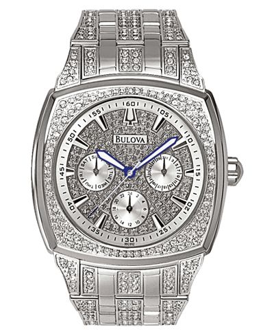 Bulova Men's Crystal Accented Silver-Tone Bracelet Watch 96C002 ...