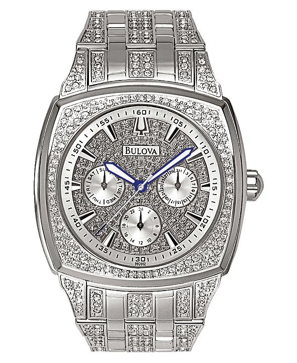 Bulova Men's Crystal Accented Silver-Tone Bracelet Watch 96C002 ...
