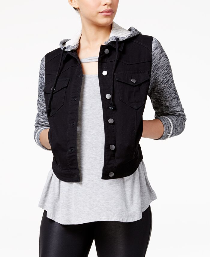 Tinseltown Juniors' French Terry Hooded Denim Jacket - Macy's