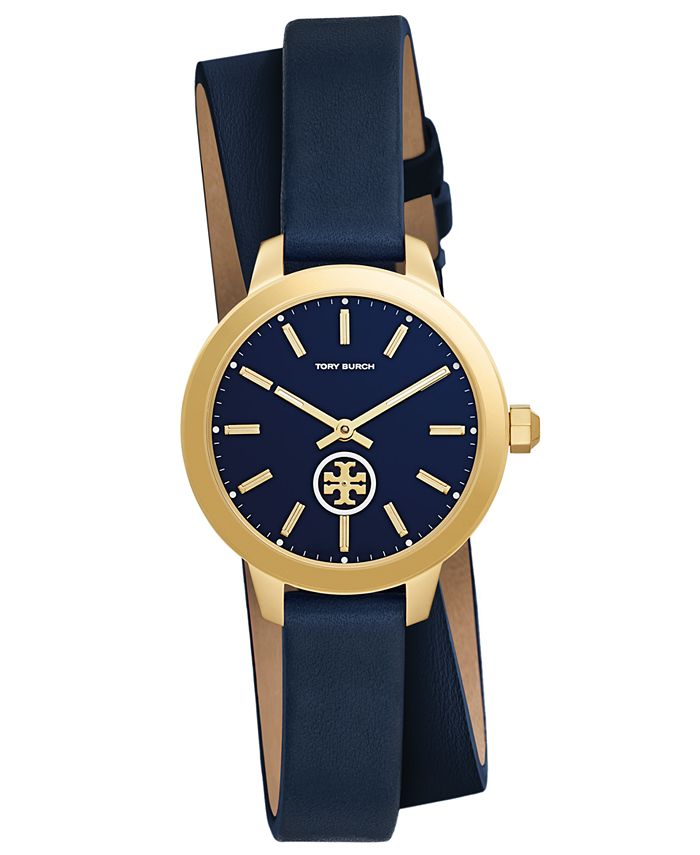 Tory Burch Women's Collins Tory Navy Leather Wrap Strap Watch 32mm - Macy's