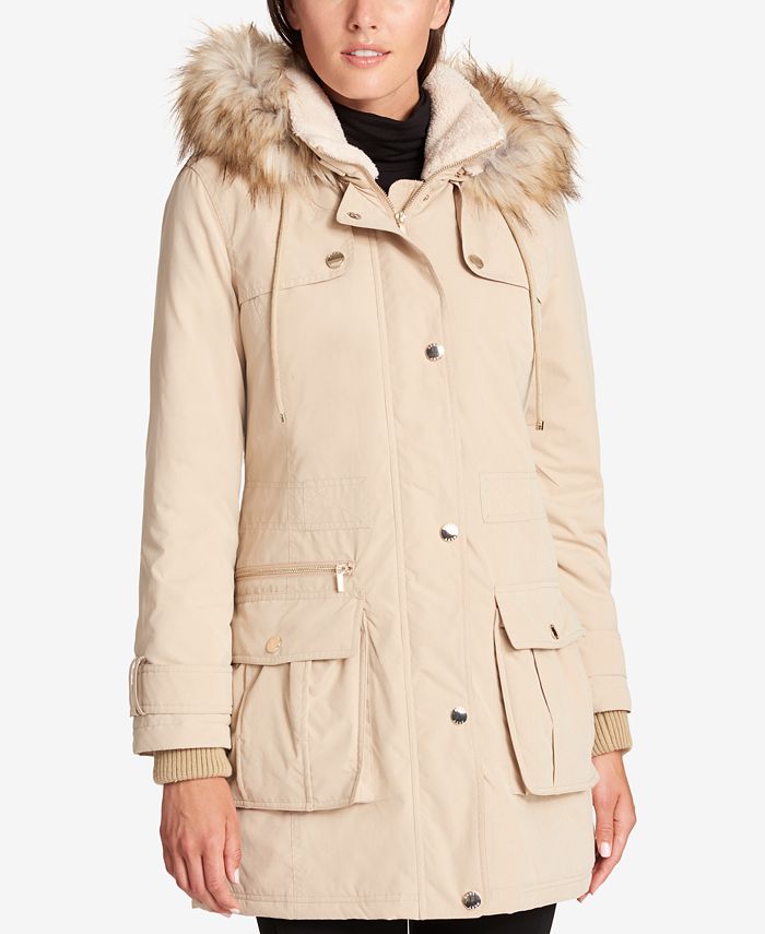 DKNY Faux-Fur-Trim Hooded Parka - Macy's