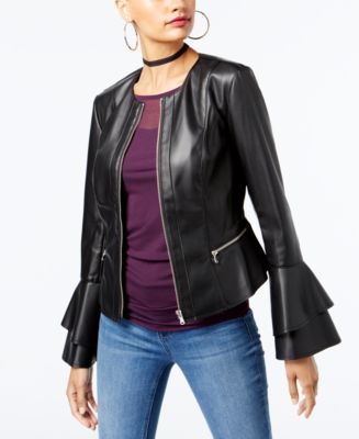 I.N.C. Ruffle-Sleeve Faux-Leather Jacket, Created for Macy's - Macy's
