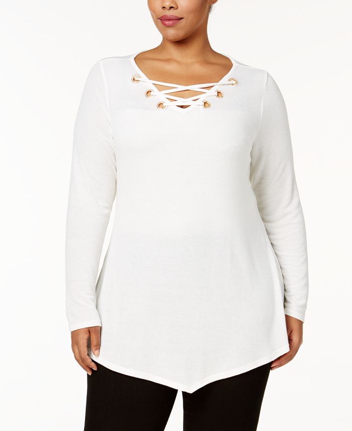 Belldini Plus Size Lace-Up V-Hem Tunic - Macy's