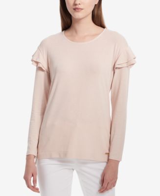 Calvin Klein Ruffle-Trimmed Long-Sleeved Top - Macy's
