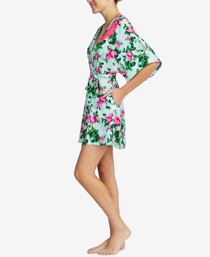 Betsey Johnson Floral-Print Lace-Detail Short Robe - Macy's